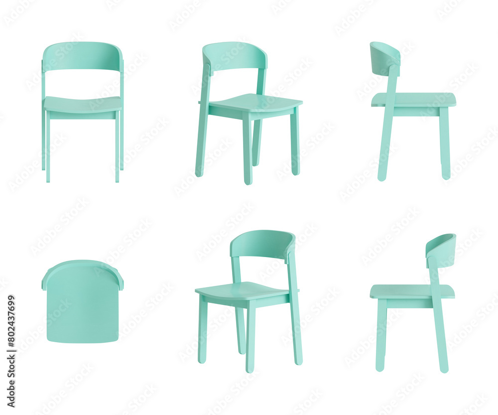 Set of six views of a modern wooden light green chair isolated on a ...