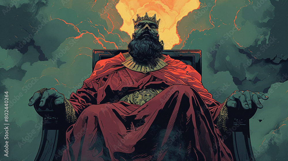 King Midas, golden touch curse, regal robes, sitting on throne, stormy ...