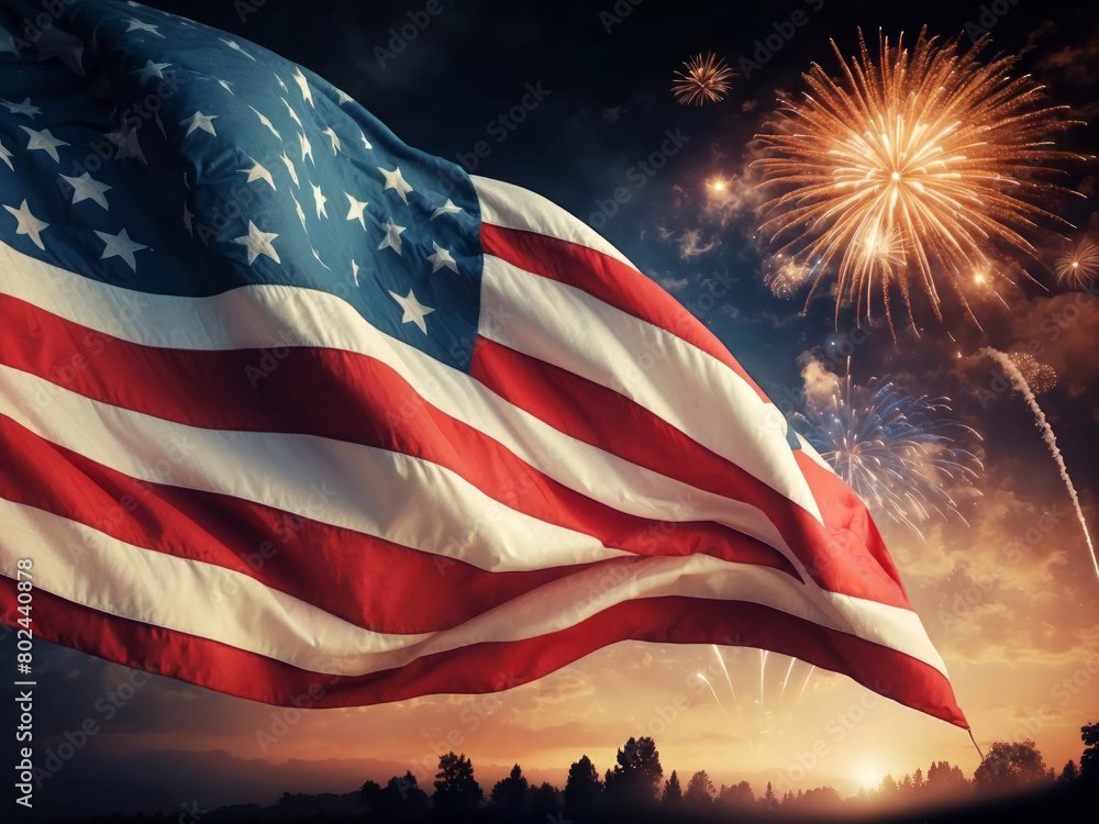 American flag waving in the air with fireworks and night scene view ...