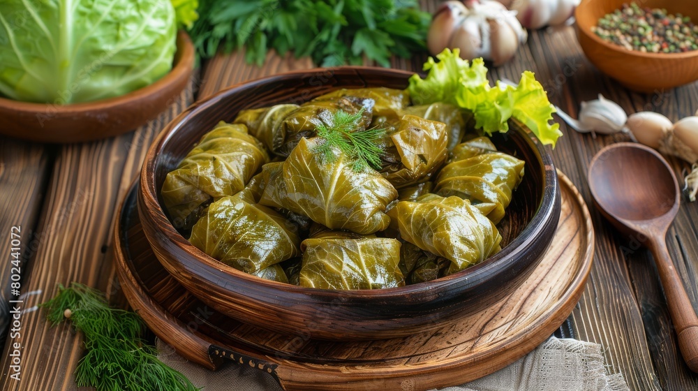 Cabbage rolls with meat, rice and vegetables. Stuffed cabbage leaves ...