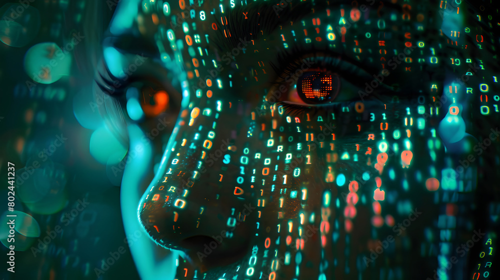 Female face with matrix digital numbers artifical intelligence AI theme ...
