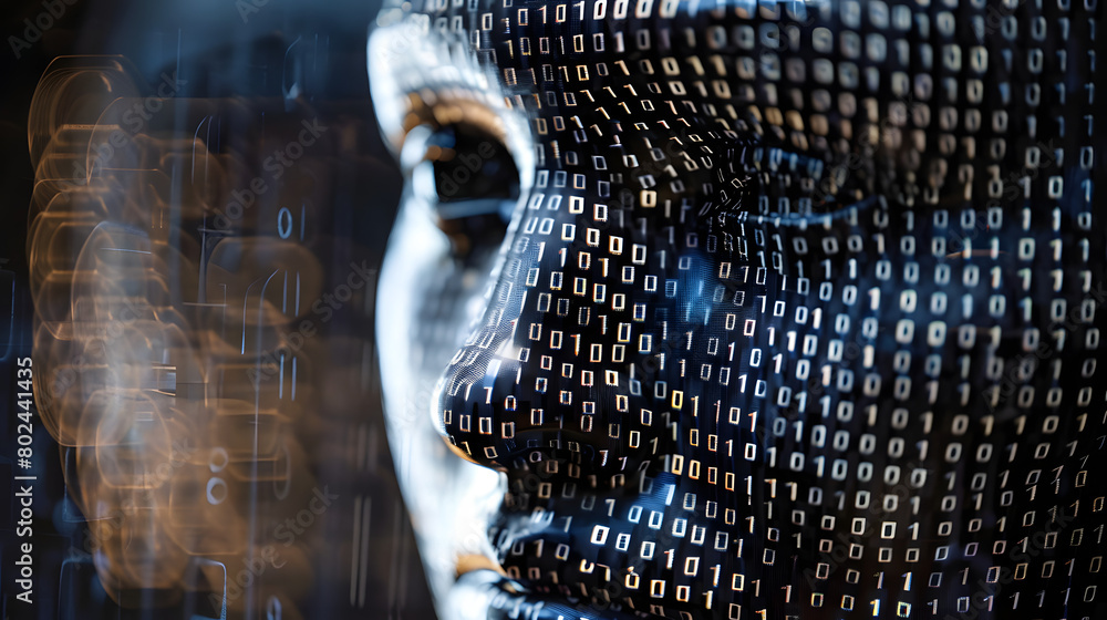 Female face with matrix digital numbers artifical intelligence AI theme ...