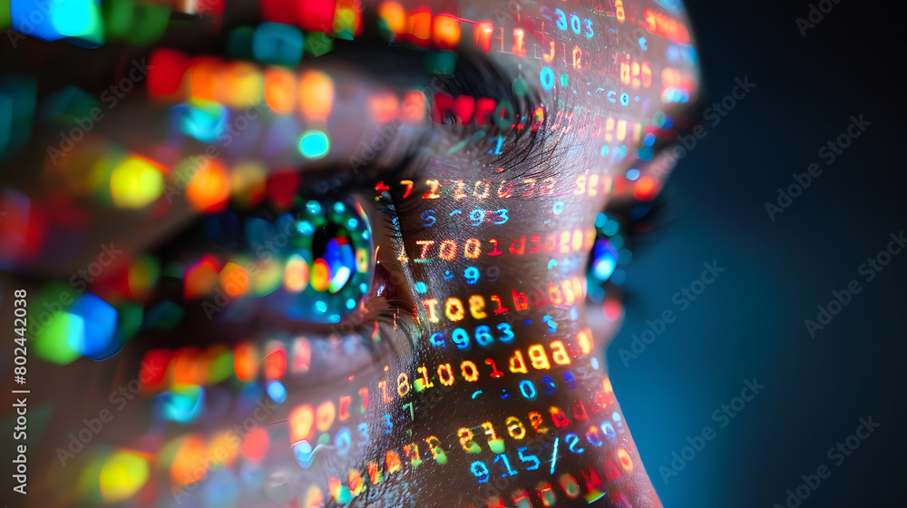 Female face with matrix digital numbers artifical intelligence AI theme ...