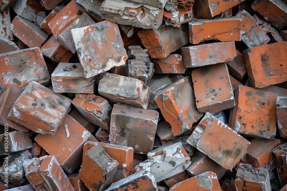 Consequences of demolition: a discarded pile of broken bricks. a pile ...