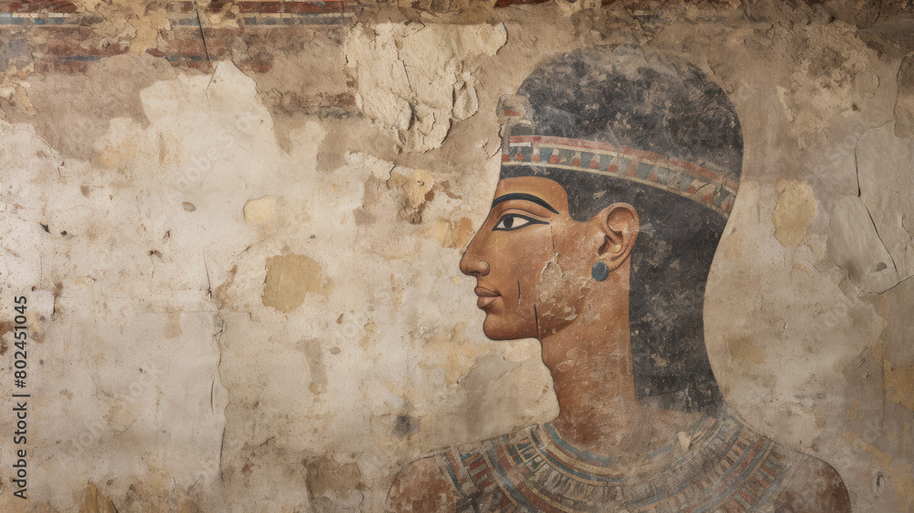 Ancient Egyptian worn painting of pharaoh on old wall, vintage fresco ...