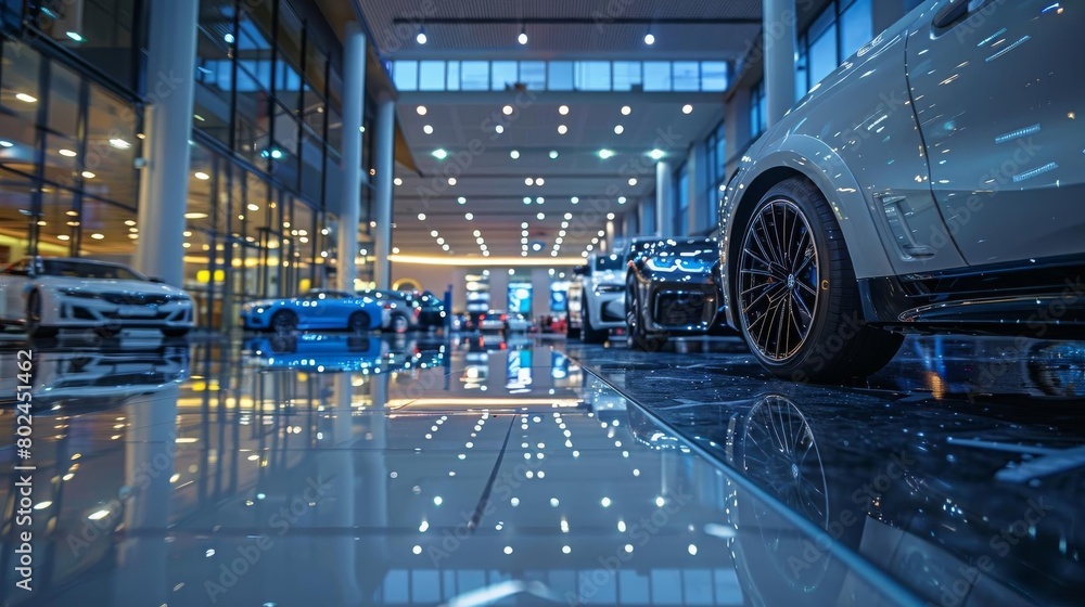 Empty car dealership showroom with new models on display, highlighting ...