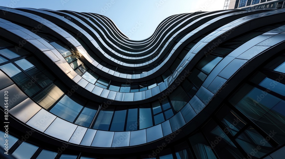 The highrise curved reflective architecture under the brightest clear ...