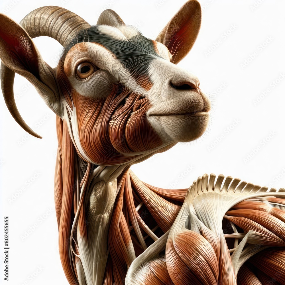 goat anatomy showing body and head, face with muscular system visible ...