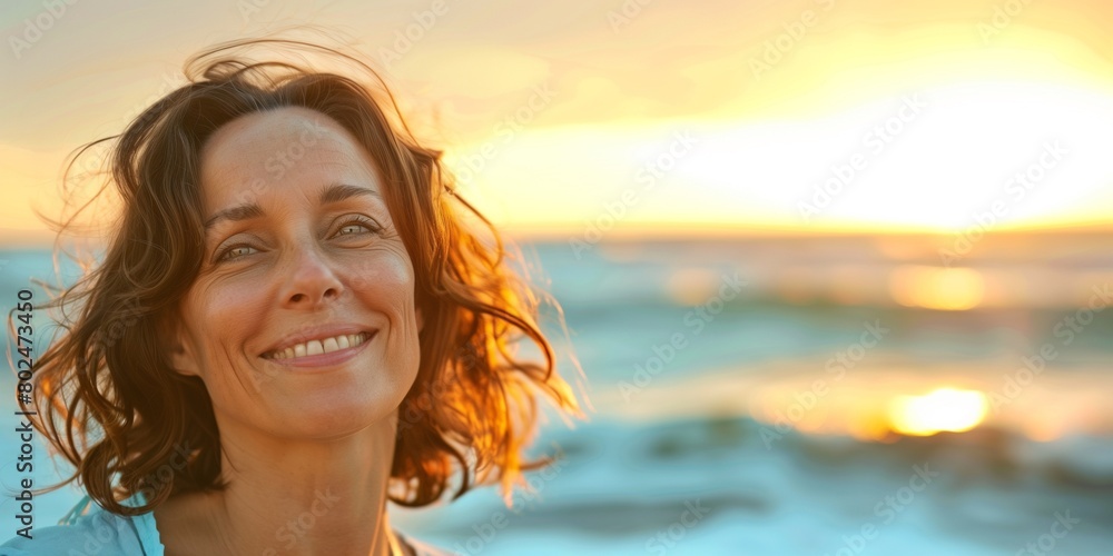 Happy 40 year old woman on the beach smiling with serenity Stock Photo ...