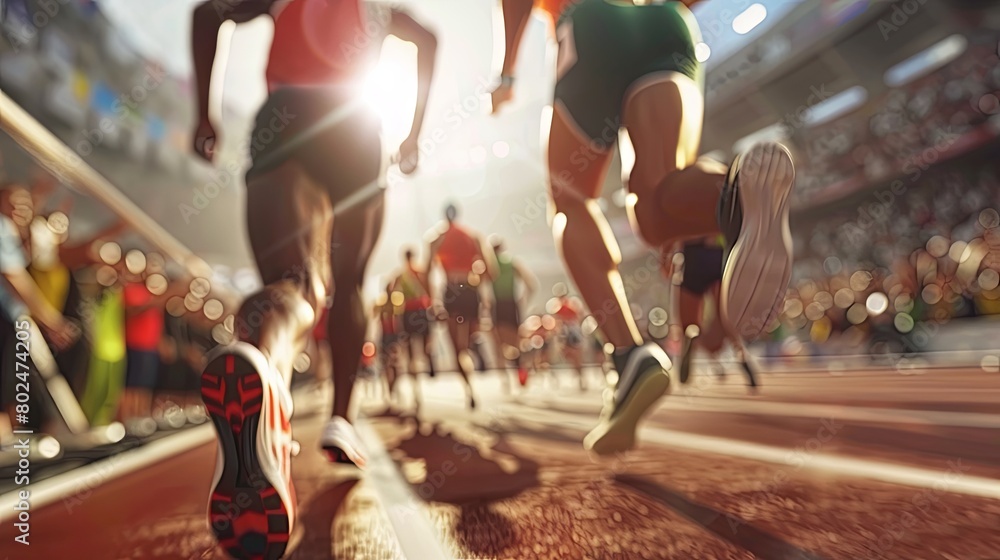 Back view of a group of running athletes marathoner. The image captures ...