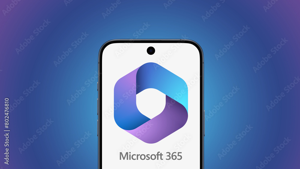 Microsoft 365 Logo is displayed on a modern smartphone, blue gradient ...