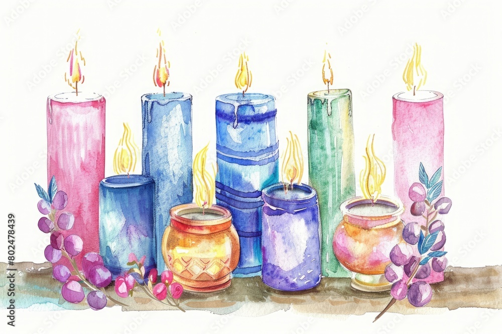 Watercolor Shabbat Shalom Candles and Torah. Stylized Jewish Symbols ...