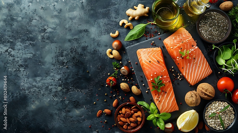 Food sources of omega 3 on dark background with copy space top view ...