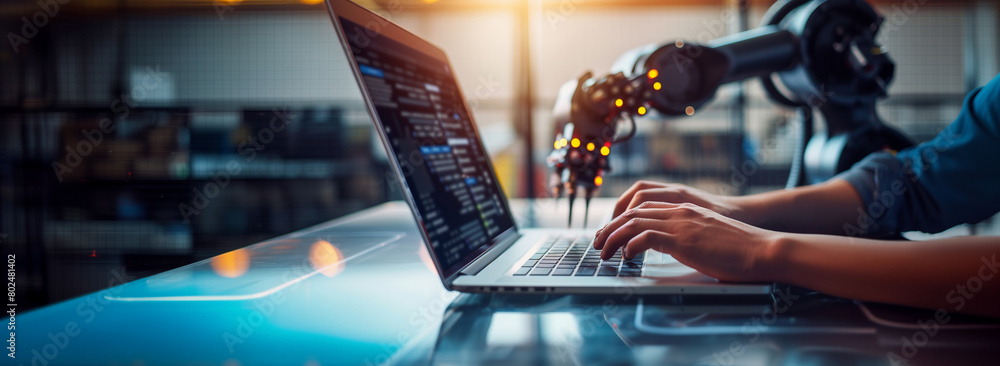 featuring a close-up of an engineer’s hands on a laptop, with a blurred ...