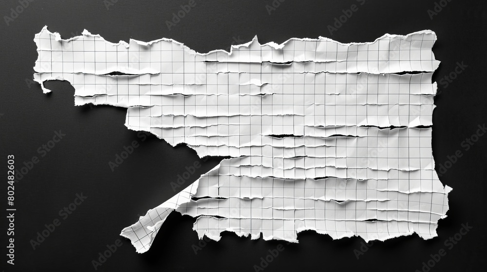 A visual of ripped white graph paper against a black background ...