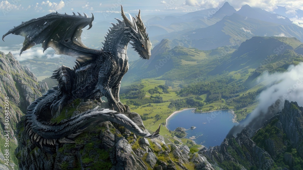 colossal, ancient dragon perches on a mountaintop, with a vast ...