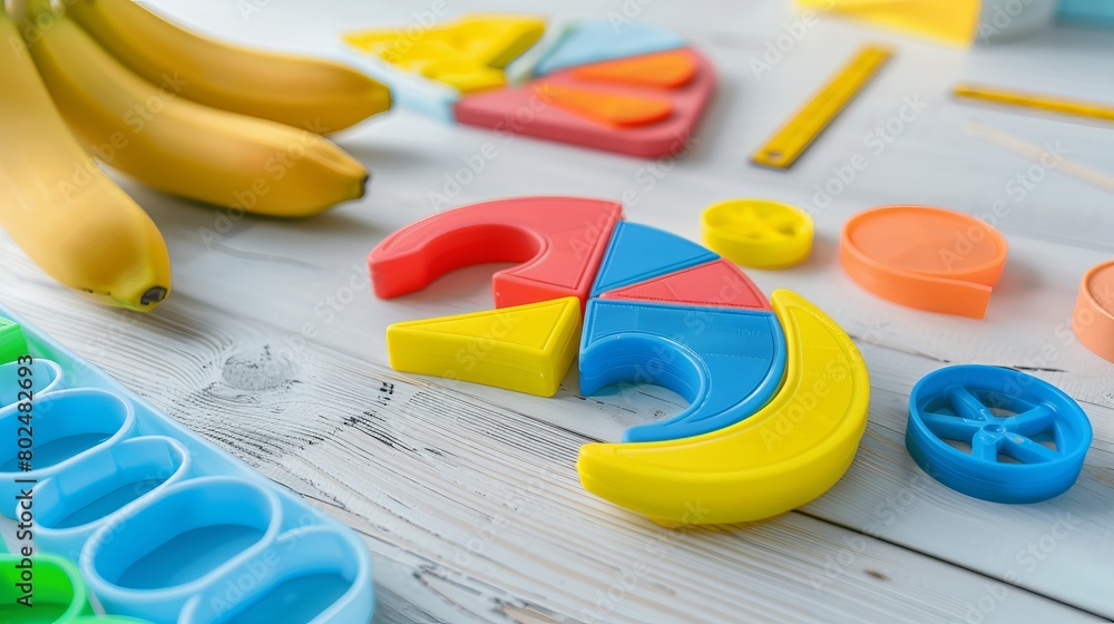 An educational set up featuring colorful math fractions and bananas on ...