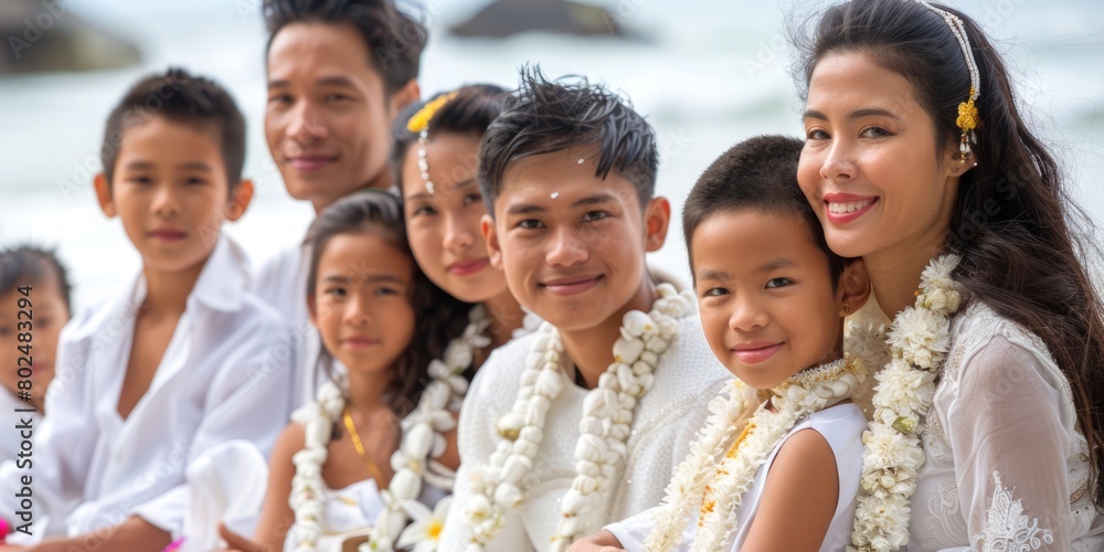 Thai family in traditional white clothing with floral garlands at beach ...
