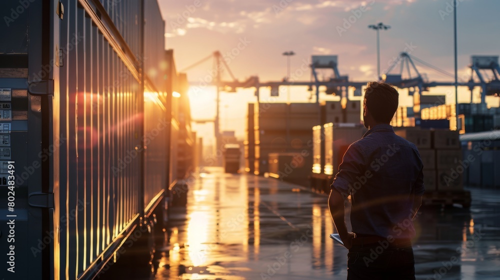 Logistic work. Container truck. Man logistician with his back to camera ...