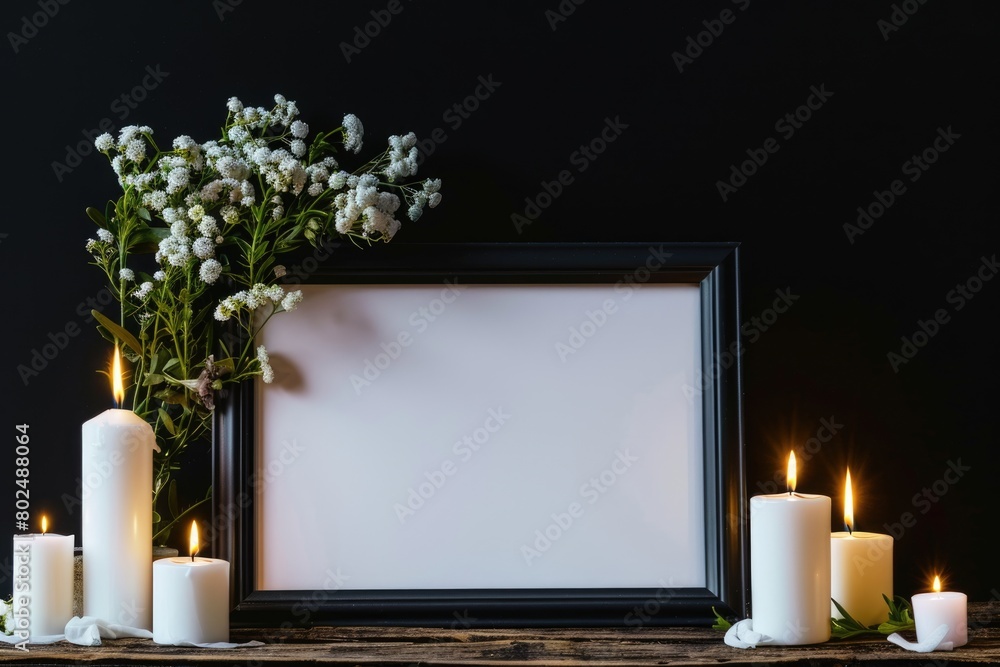 Blank Funeral Frame with Candles and Flowers on Black Background for ...