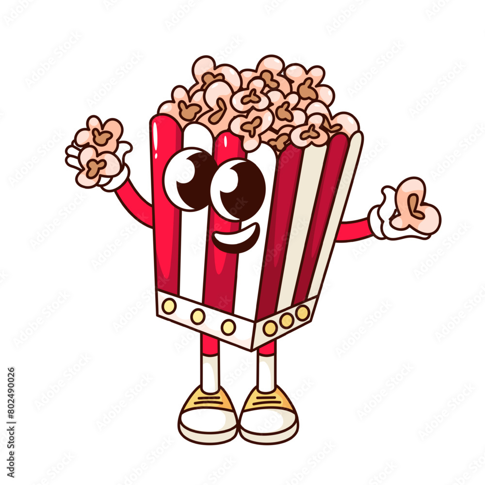 Groovy popcorn bucket cartoon character holding corn flakes. Funny ...