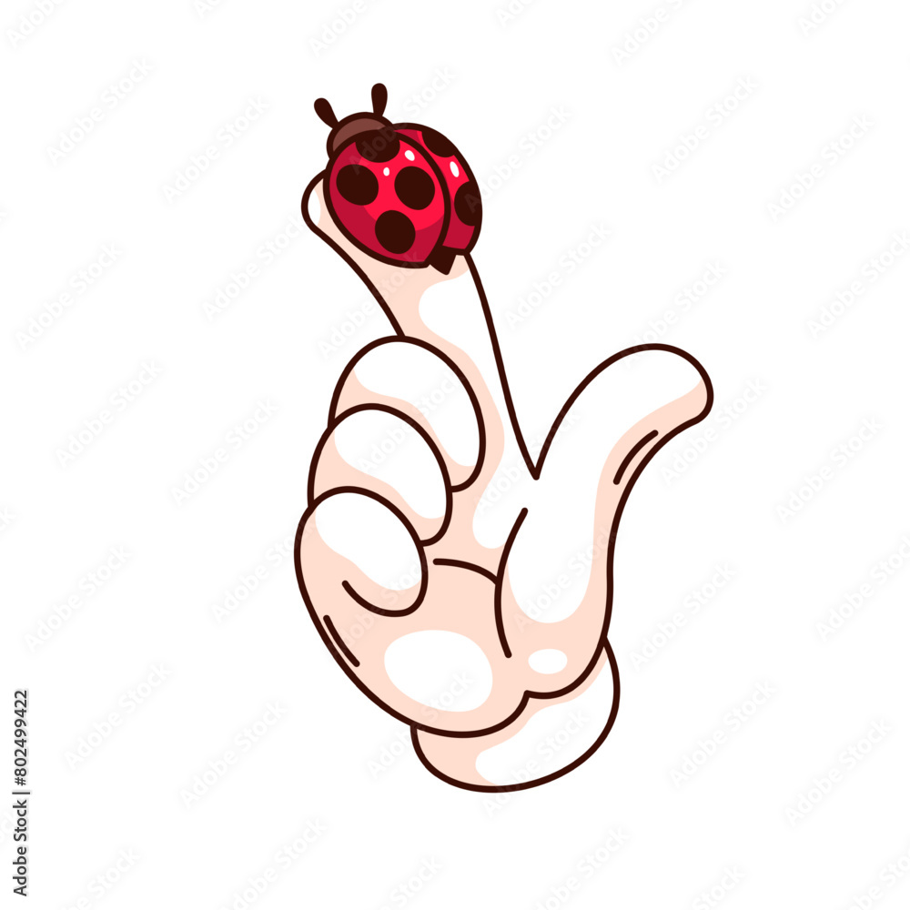 Groovy cartoon hand with ladybug sitting on finger. Funny retro palm in ...