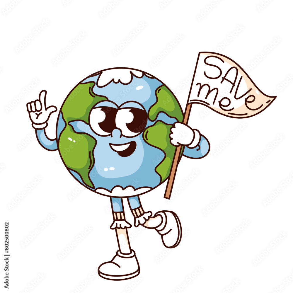 Groovy planet Earth cartoon character with Save me quote on white flag ...