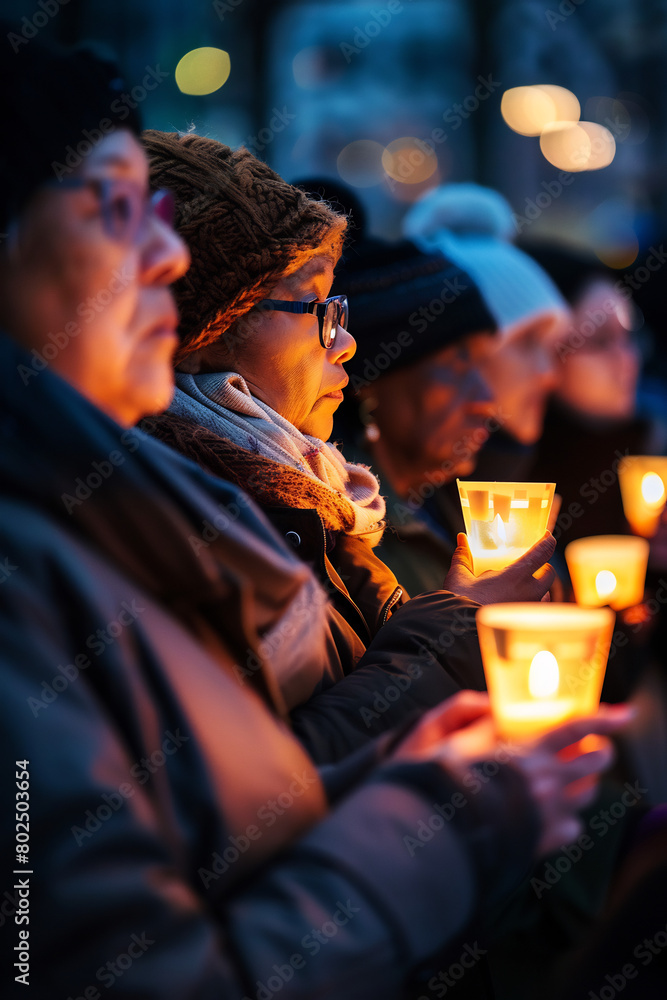 A realistic photograph of a diverse group of people holding candles ...