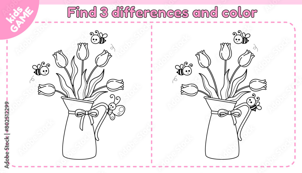 Kids game Find 3 differences. Cartoon jug with tulips. Cute bees fly ...