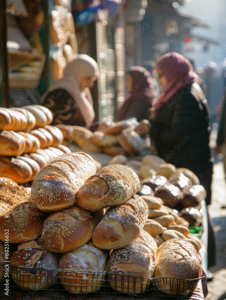 Loaves of bread for sale at a market stall. AI. Stock Photo | Adobe Stock