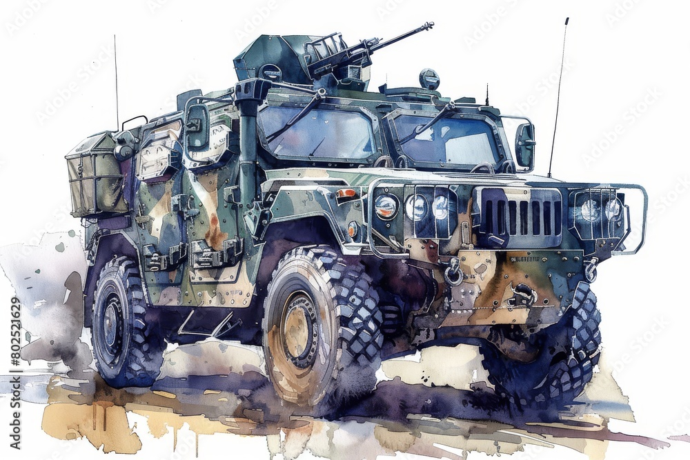 NATO military vehicle watercolor paint Illustration. Military armored ...