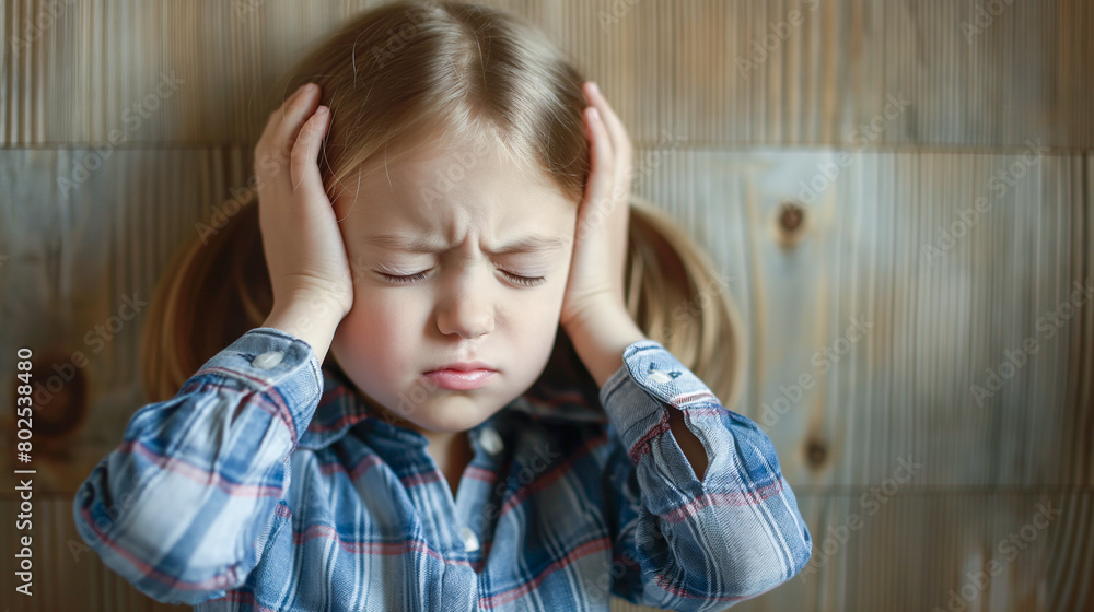 .Sad little girl 5 years old holds her head and suffers from migraines ...