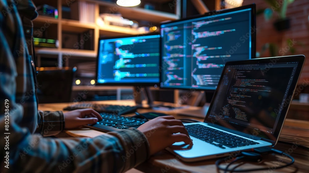 An IT specialist in a data center uses a computer to install and ...