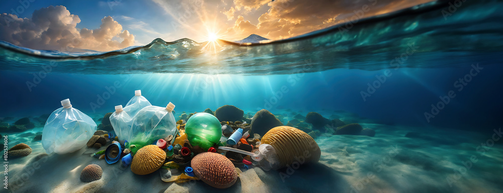 Underwater pollution scene with plastic bags and debris in a vibrant ...
