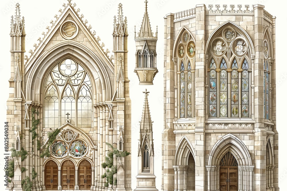 Gothic Architectural Icons: Pointed Arches, Ribbed Vaults, Stained Glass, Stonework Stock ...