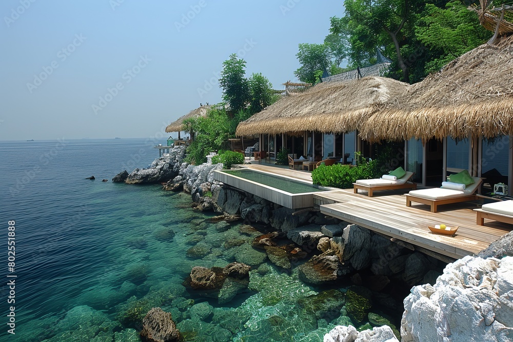 Tropical Beach Resort: Thatched Roofs and Open-Air Architecture Stock ...