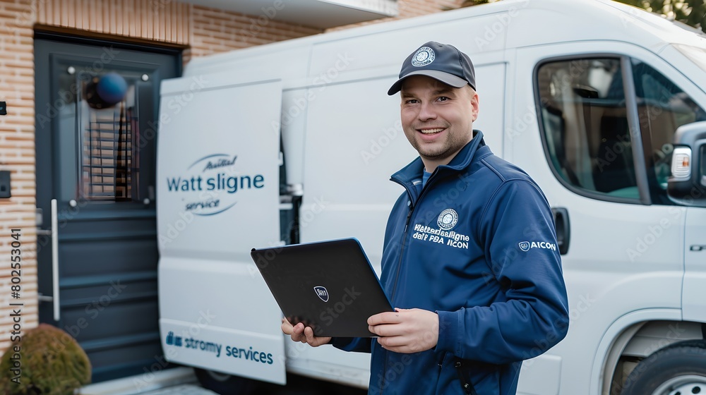 Smiling Delivery Man in Uniform Holding Laptop in Front of Van ...