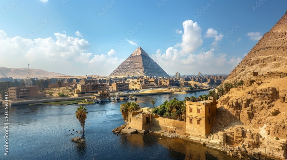 Stunning View of the Nile River and Pyramids in Giza, Egypt Under Sunny ...