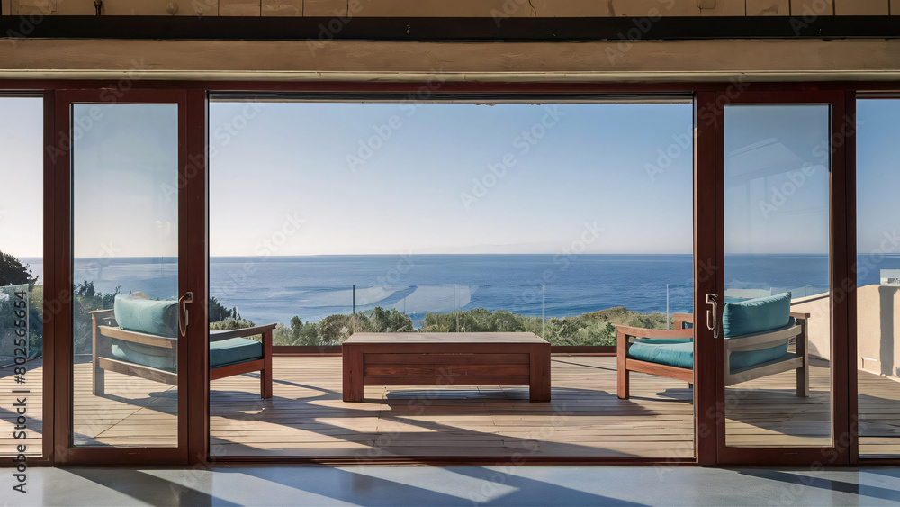 Beautiful sunset sea view from the window of a modern house with ...
