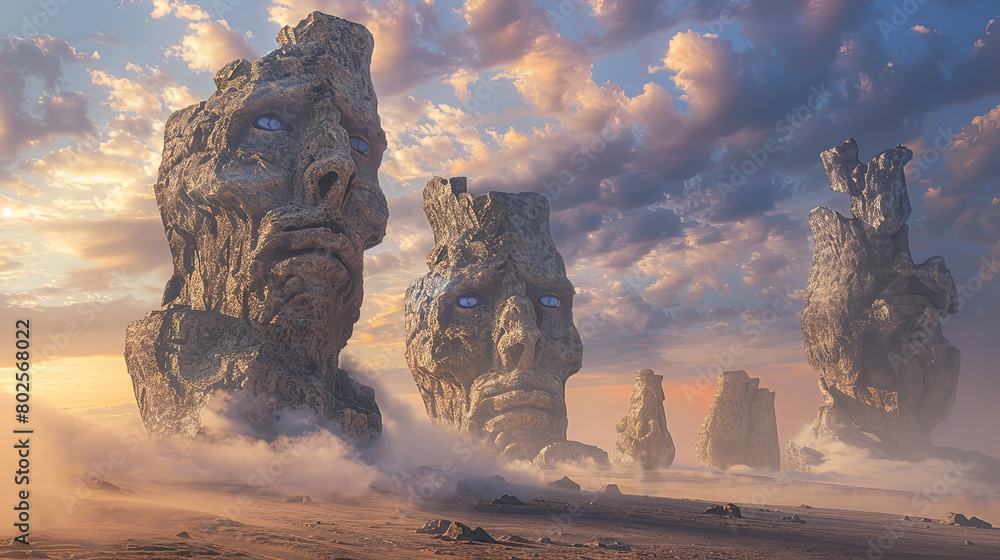 Surreal illustration of a landscape with towering rock formations ...