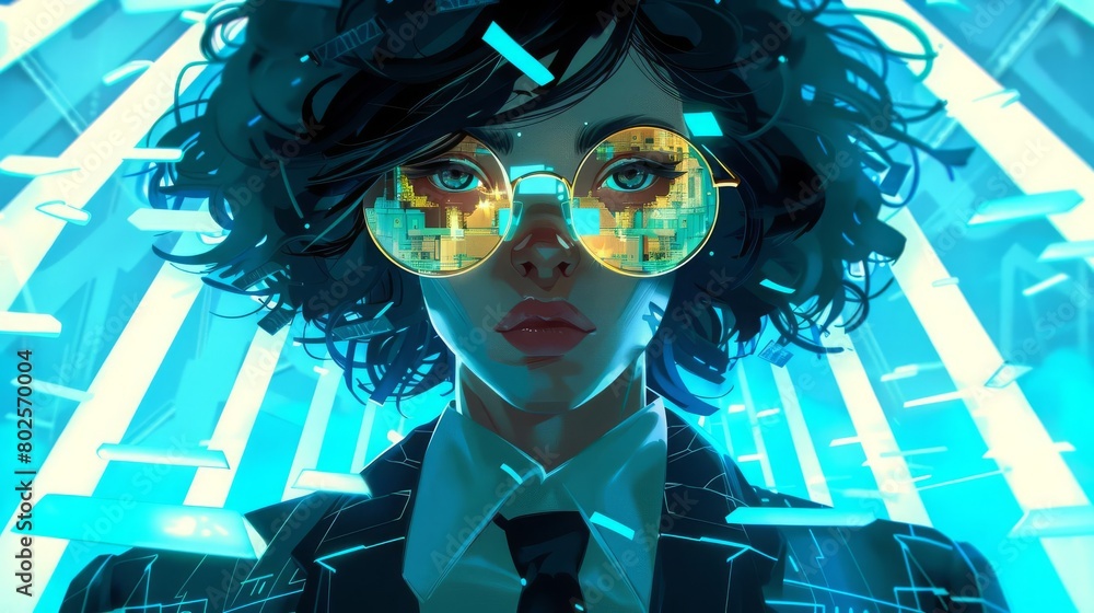 Picture a top-down perspective of a fashion-forward detective in a VR ...