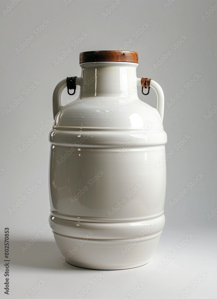 White plastic gas can, possibly used for storing gasoline or other ...
