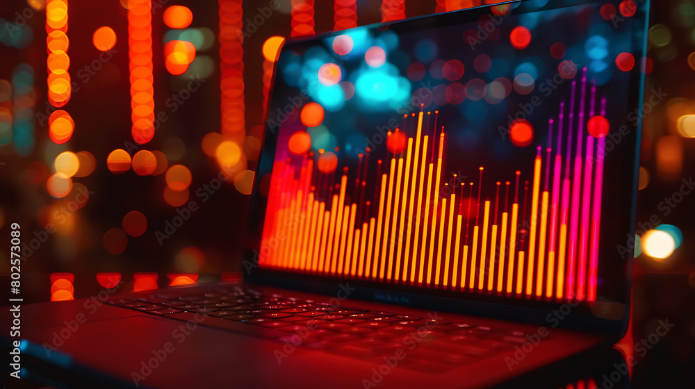a laptop screen displaying a vibrant graph with rising bars. Here are ...