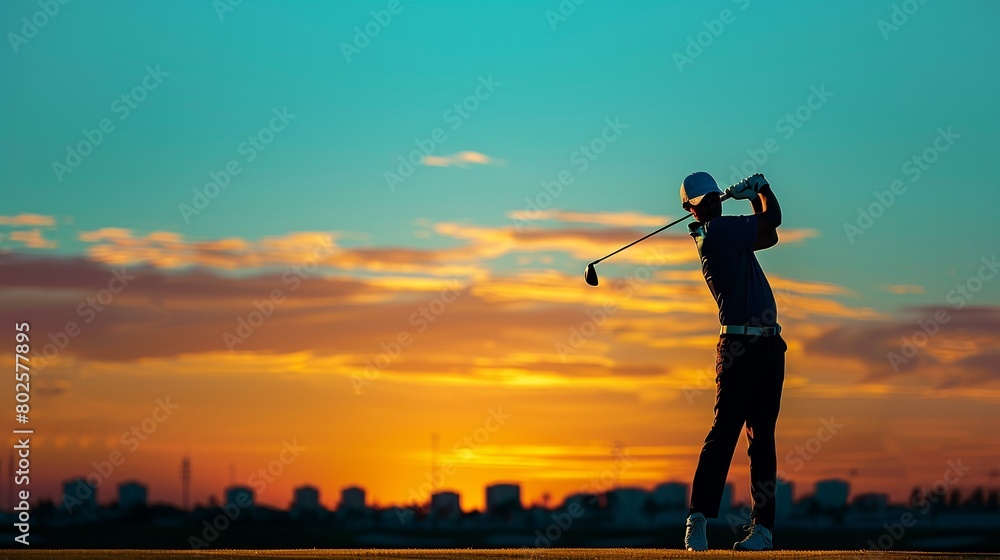An athletes silhouette in midswing, with the serene backdrop of a golf ...
