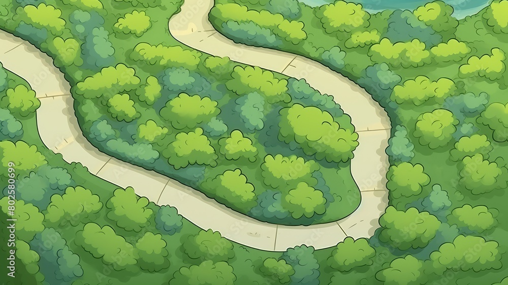 Cartoon illustration of a top view landscape with a winding road ...