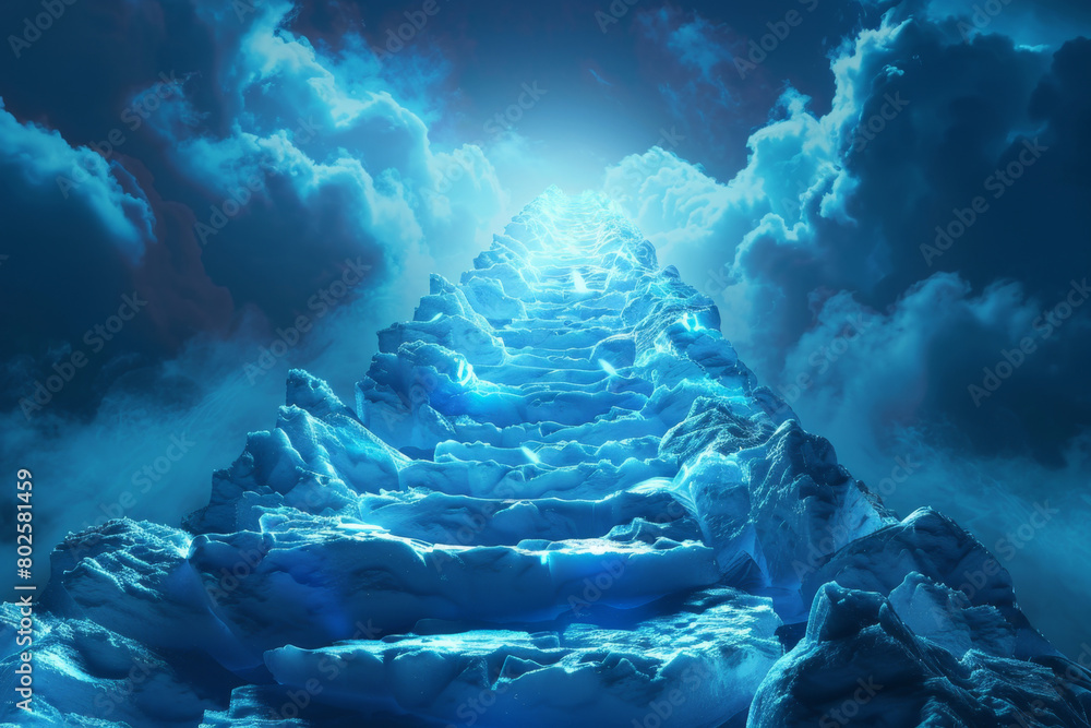 Abstract glowing path leading to the top of an ice mountain ...