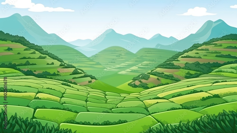 Serene cartoon illustration of terraced rice fields with a backdrop of ...