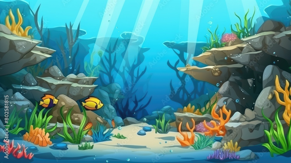 Lively underwater cartoon illustration with a rich seabed ecosystem of ...