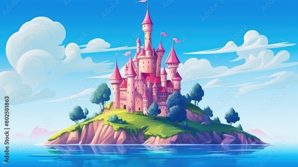 Enchanted fairy tale castle cartoon illustration, set on an island ...