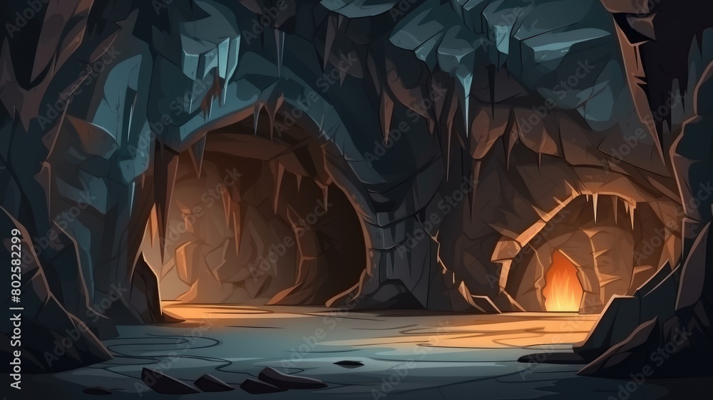 Mysterious dungeon cave entrance, cartoon illustration with a warm ...